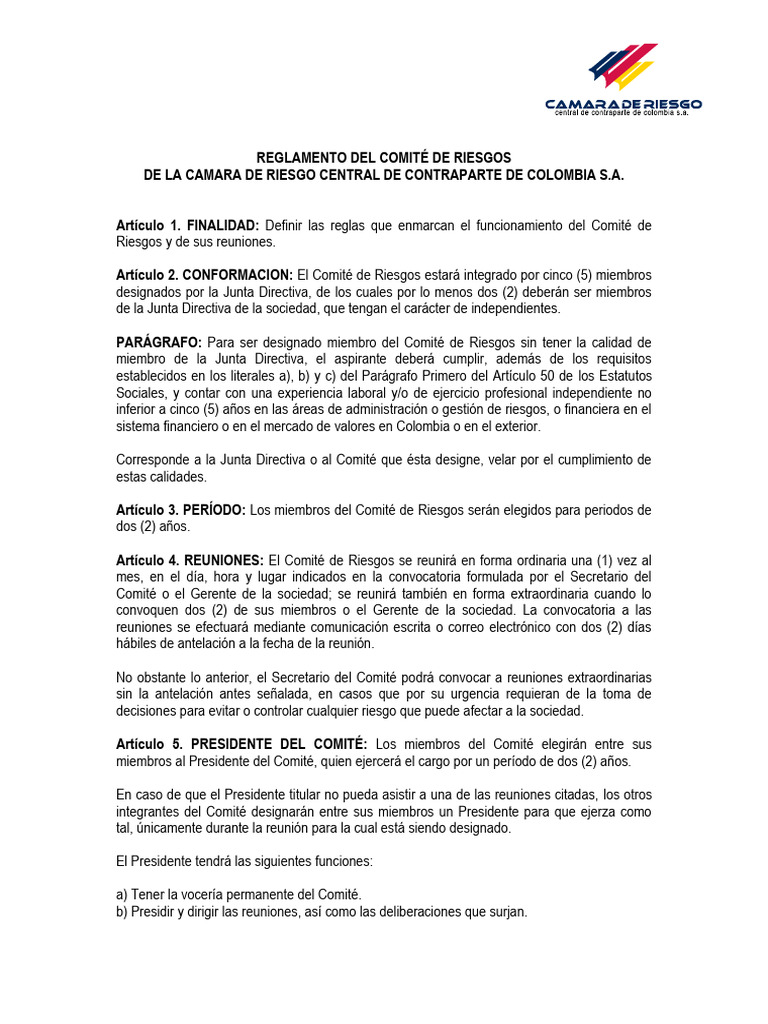 Reglamento Del Comité de Riesgos CRCC | Descargar gratis PDF | Quórum | Riesgo