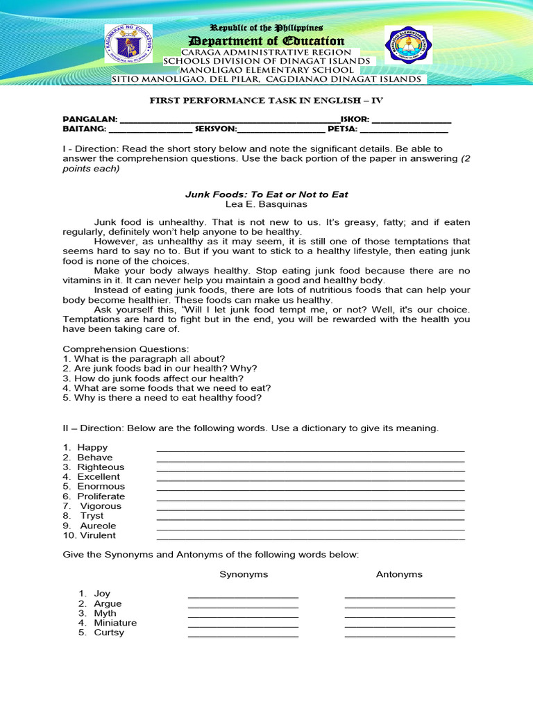 Grade 4 Performance Task in ENGLISH Modules 1-3 | PDF | Junk Food