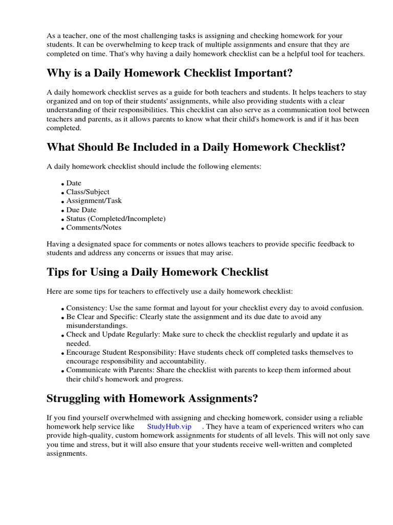 Daily Homework Checklist For Teachers | PDF | Homework | Teachers