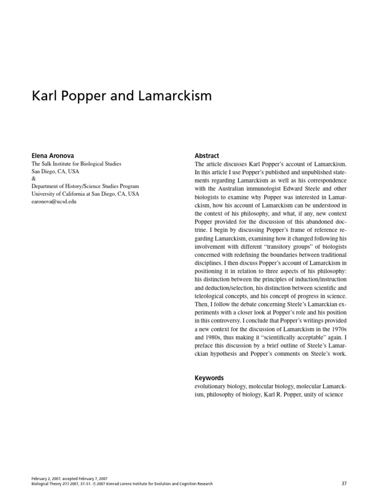 Aronova, Elena. "Karl Popper and Lamarckism." | PDF | Karl Popper | Science