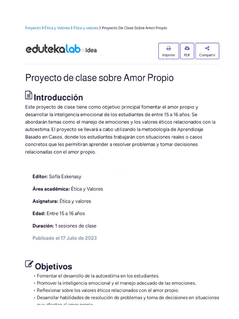 Proyecto de Clase Sobre Amor Propio | PDF