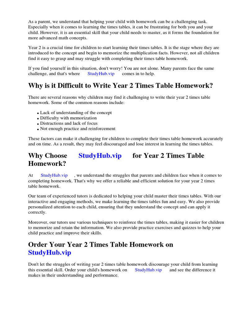 Year 2 Times Table Homework | PDF | Worksheet | Homework