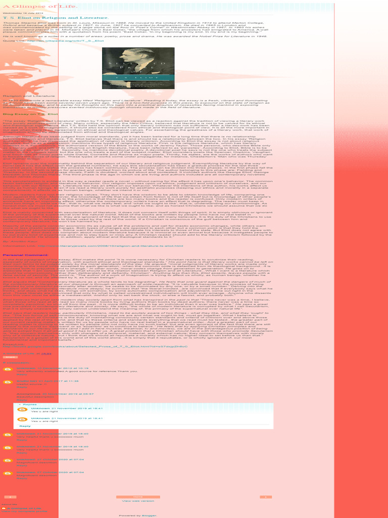 A Glimpse of Life. - T. S. Eliot On Religion and Literature | PDF | T ...