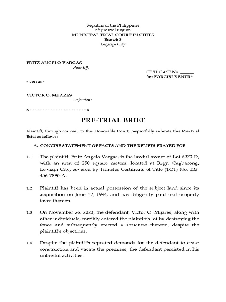 Pre-Trial Brief for Forcible Entry | PDF | Lawsuit | Justice