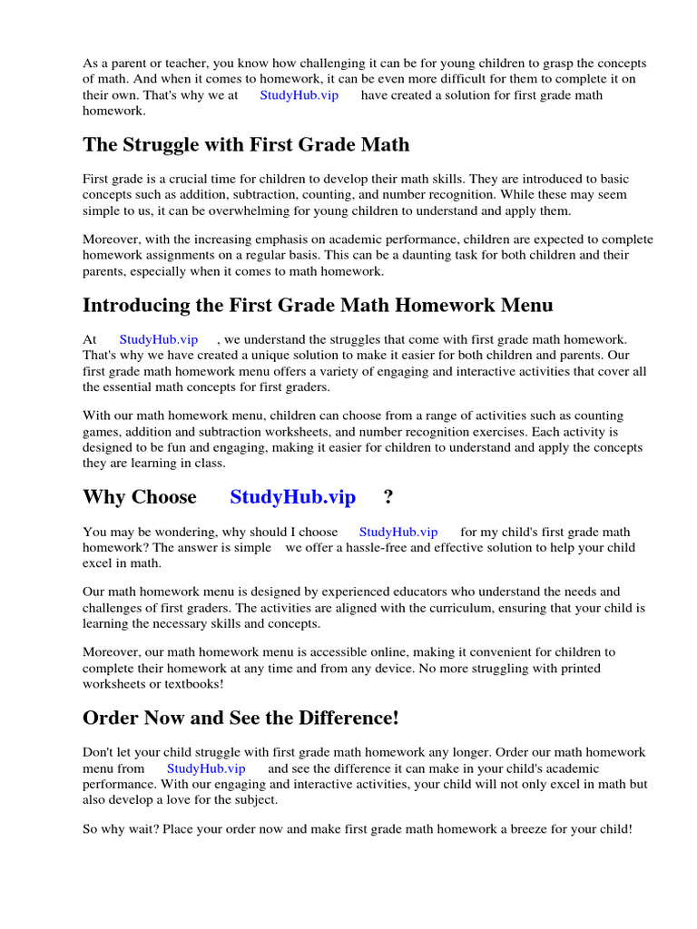 First Grade Math Homework Menu | PDF | Homework | Teachers