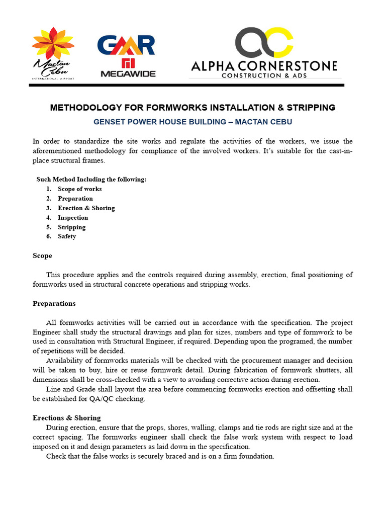 Methodology For Formworks Installation | PDF | Quality Assurance | Concrete