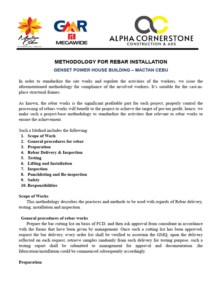 Methodology For Rebars Installation | PDF | Quality Assurance | Methodology