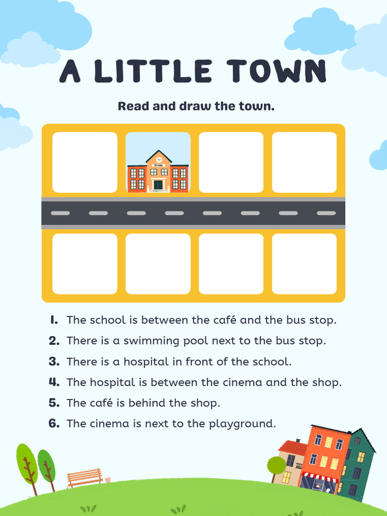Colourful Illustrative Places in A Town Prepositions English Worksheet ...