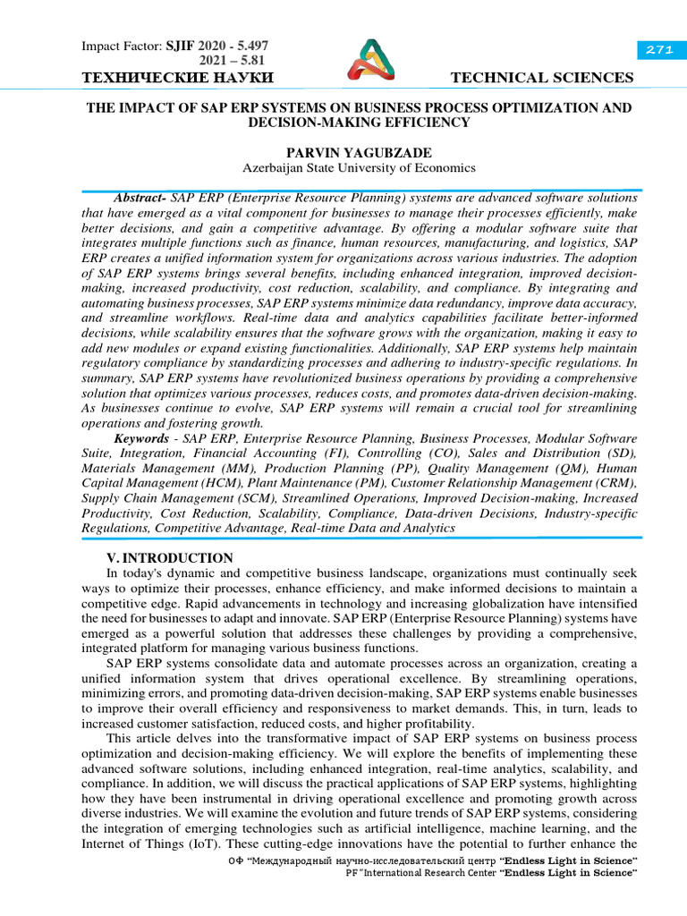 The Impact of Sap Erp Systems On Business Process Optimization and Decision Making Efficiency ...