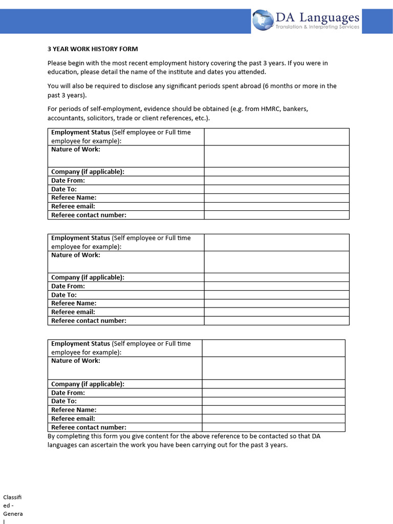 3 Year Work History Form | PDF