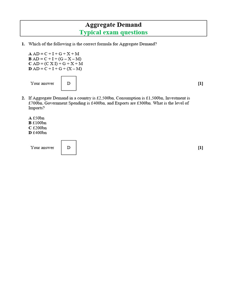 Aggregate Demand Exam Questions | PDF | Aggregate Demand | Consumption ...