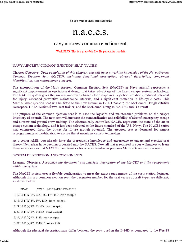 NACES Ejection Seat | PDF | Parachute | Seat Belt