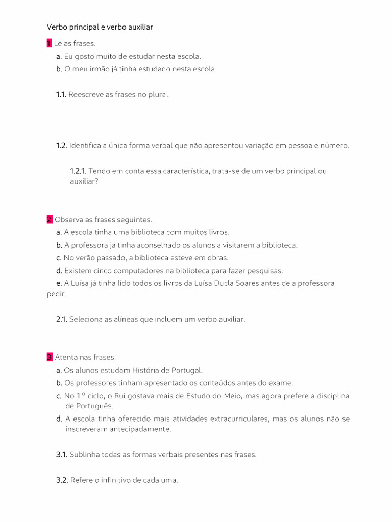 Ficha Portugues 5 Ano Verbo Principal e Verbo Auxiliar | PDF