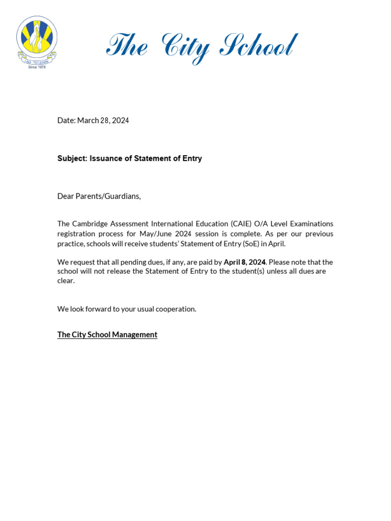 SOE Letter To The Parents | PDF