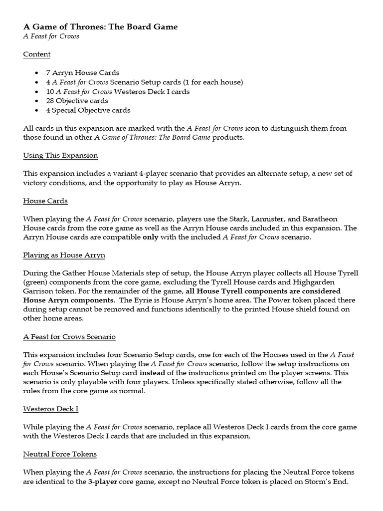A Feast for Crows Board Game Expansion | PDF | World Of A Song Of Ice ...