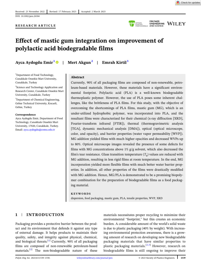 Polymer Engineering Sci - 2023 - Aydogdu Emir - Effect of Mastic Gum ... Polymer Engineering Sci - 2023 - Aydogdu Emir - Effect of Mastic Gum ...