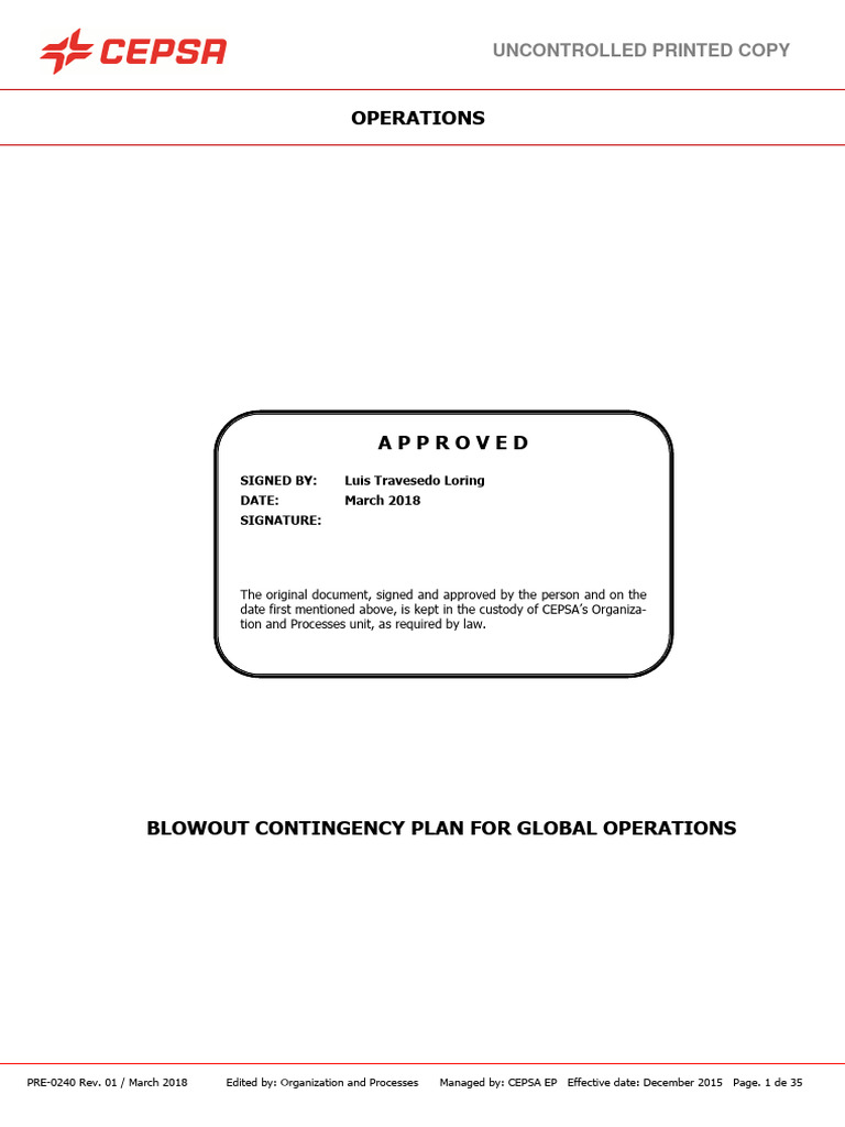 PRE-0240-01-EN Blowout Contingency Plan | PDF | Blowout (Well Drilling)
