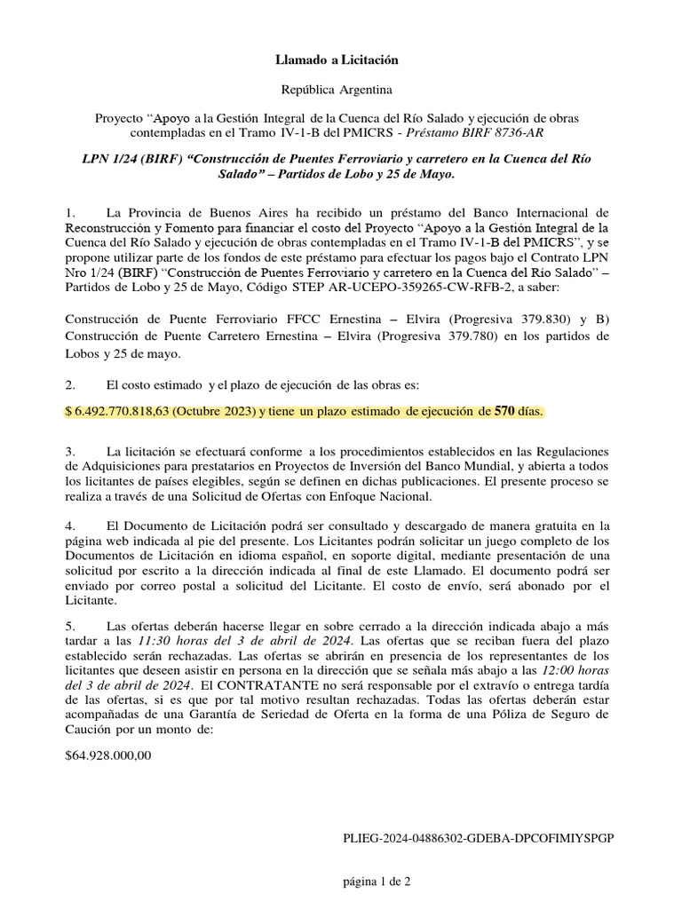 Aviso de Llamado | PDF | Banco Internacional de Reconstrucción y ...