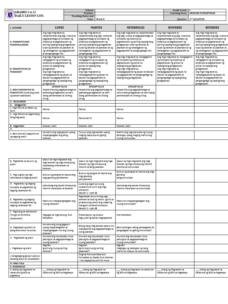 Grade 1 DLL Araling Panlipunan Q4 Week 8 | PDF