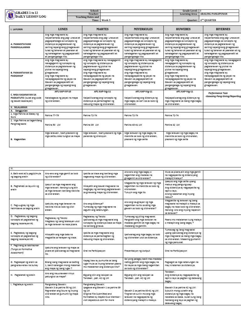 Grade 1 DLL Araling Panlipunan Q4 Week 5 | PDF