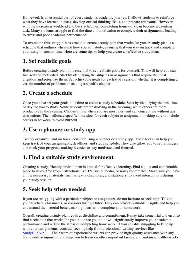 Homework Study Plan | PDF | Homework | Goal