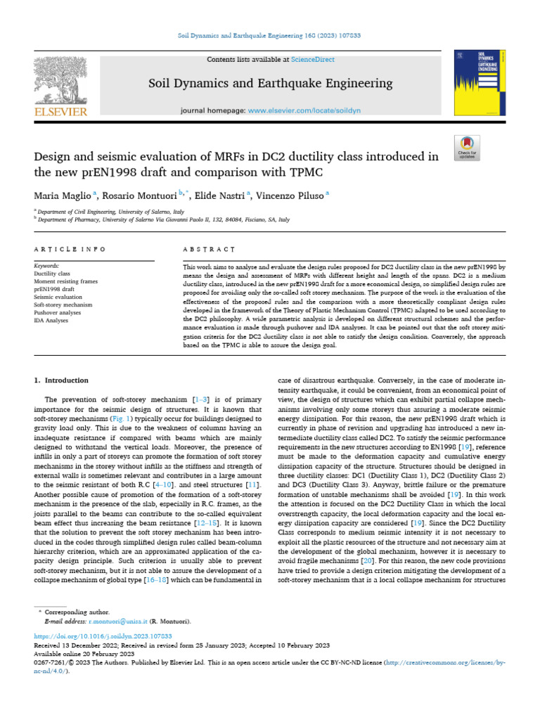 2023 SDEE Design and Seismic Evaluation of MRFs in DC2 Ductility Class | PDF | Earthquake ...