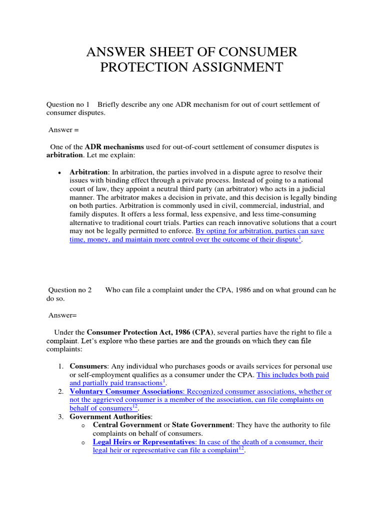 Answer Sheet of Consumer Protection Assignment | PDF | Arbitration | Alternative Dispute Resolution