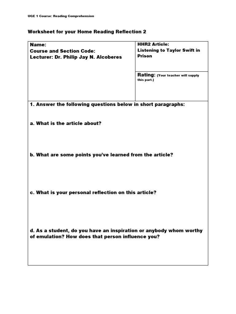 (Worksheet) HRR2 Listening to Taylor Swift in Prison | PDF