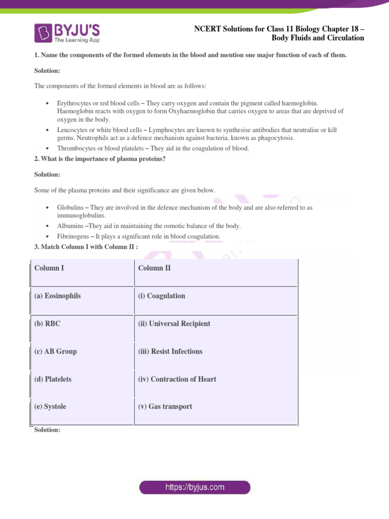 Ncert Solutions June6 For Class 11 Biology Chapter 18 Body Fluids and ...