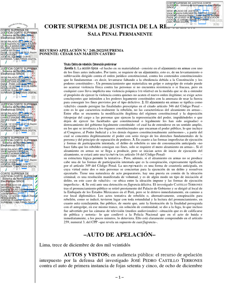 Apelación CSR 00248-2022 Suprema - Rebelión y Detención Preliminar - Caso Castillo | PDF ...