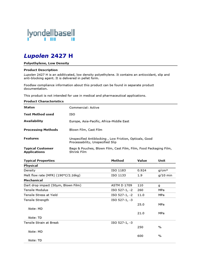 Basell 2427h | PDF | Polyethylene | Strength Of Materials