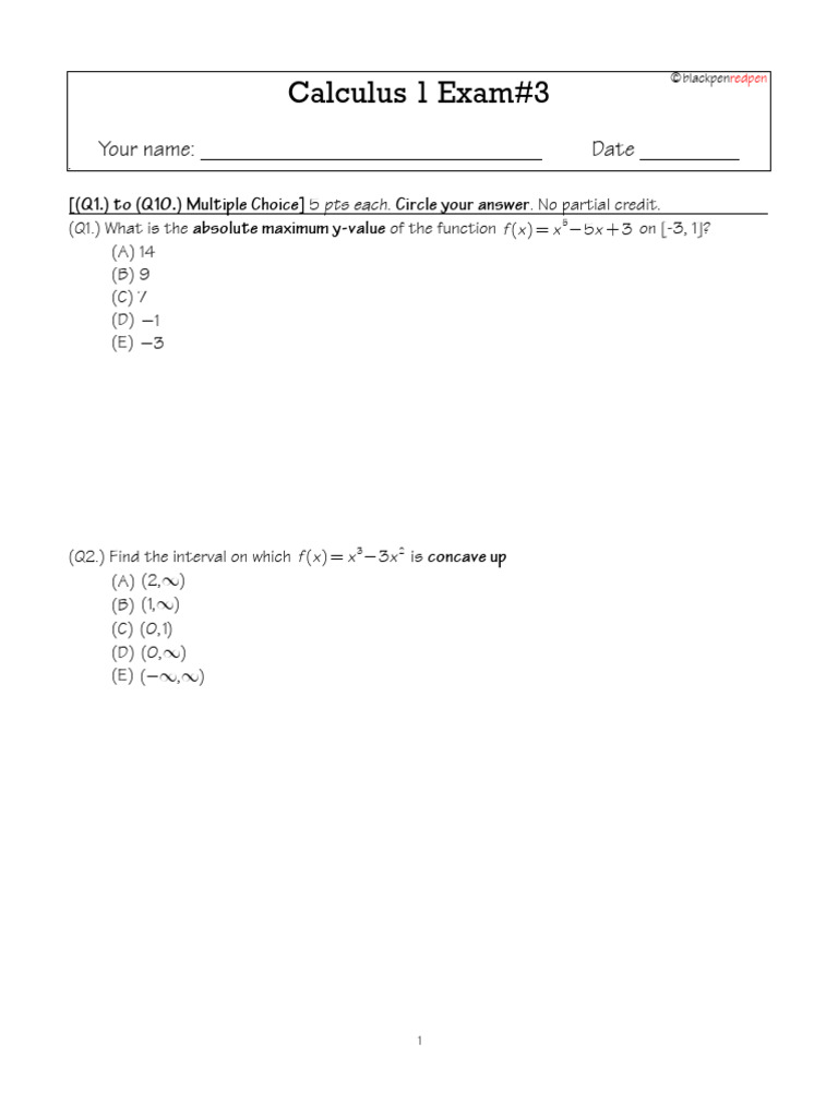 Calculus 1 Exam 3 Questions & Solutions | PDF | Calculus | Mathematical ...