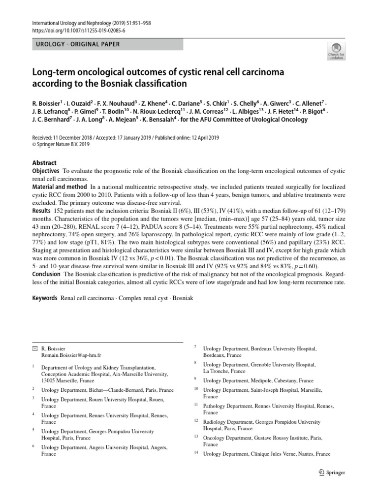 Long-Term Oncological Outcomes of Cystic Renal Cell Carcinoma According To The Bosniak ...
