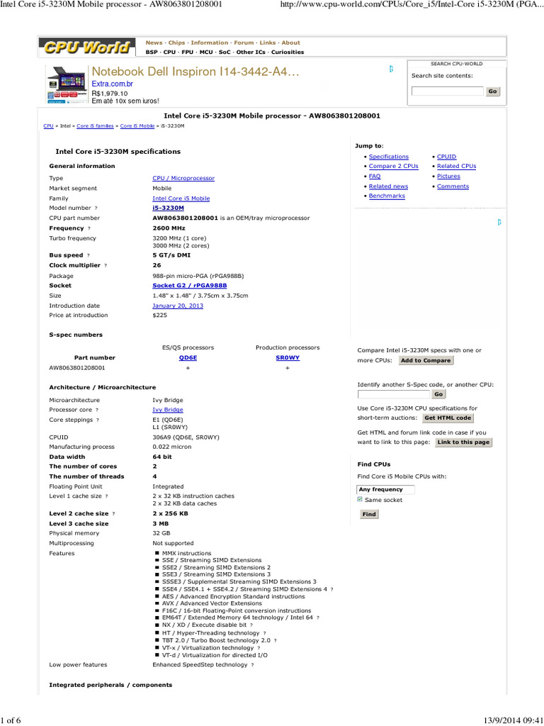 Intel Core I5-3230m Mobile Processor - AW8063801208001 | PDF | Central Processing Unit | Cpu Cache