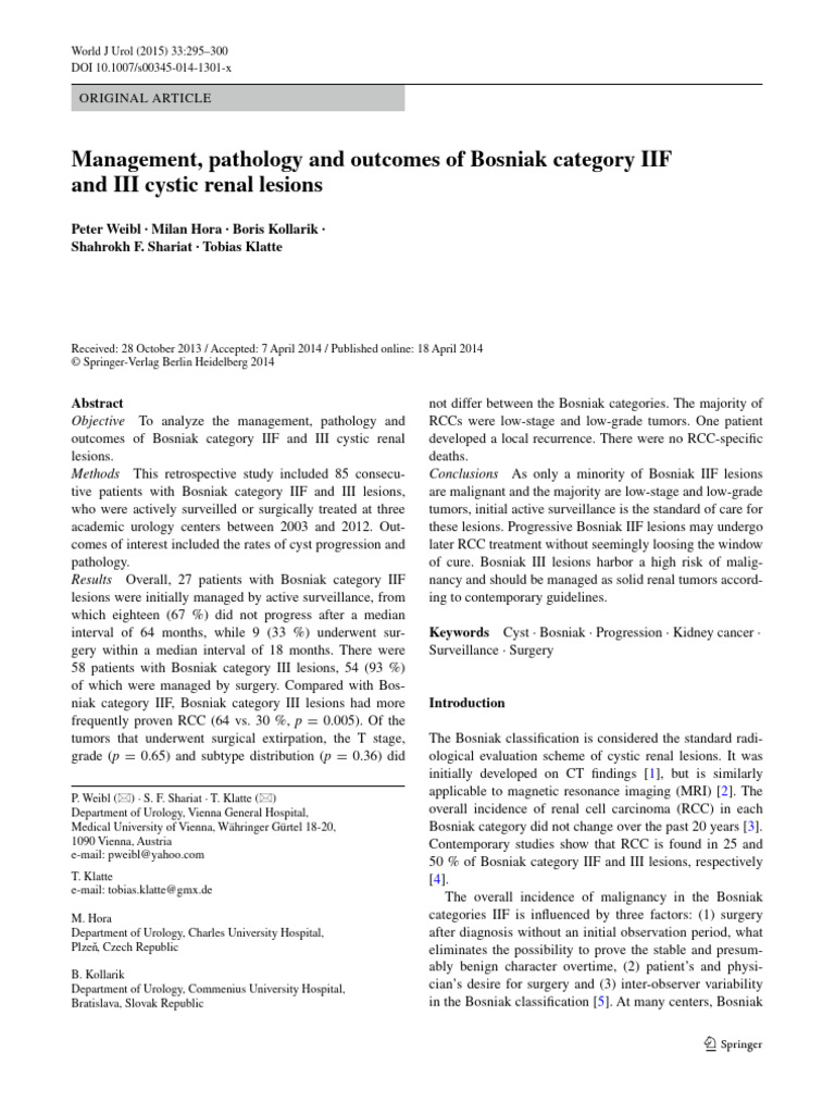 Management, Pathology and Outcomes of Bosniak Category IIF and III ...