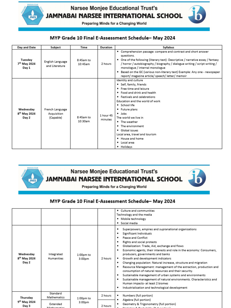 MYP Final Timetable - May 2024 | PDF | Chemical Reactions | Chemistry
