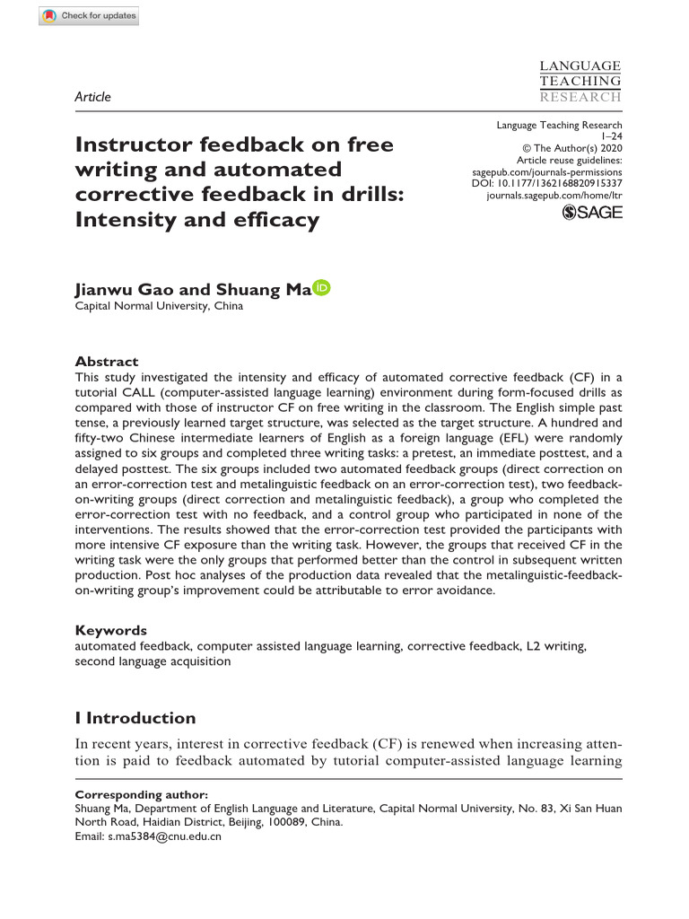 Instructor Feedback on Free Writing and Automated Corrective Feedback in Drills- Intensity and ...