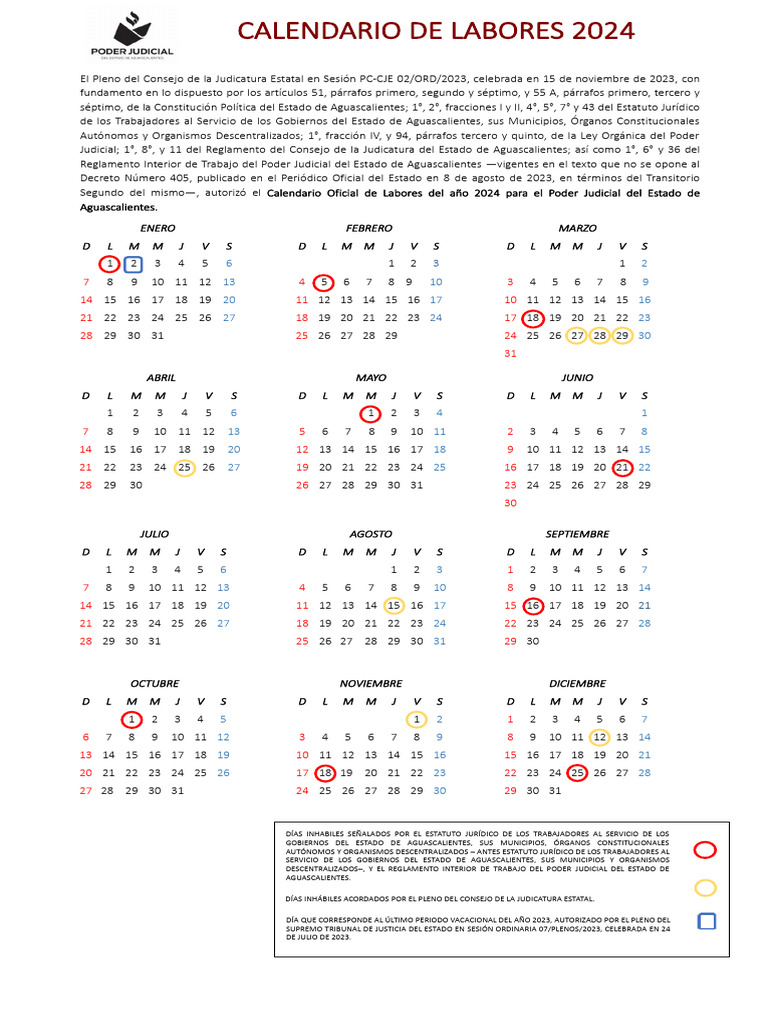 Calendario PJ 2024 Cje | Descargar gratis PDF | Judicaturas | Justicia