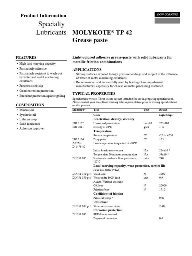4.4.molykote TP 42 Grease Paste Data Sheet | PDF | Lubricant | Friction