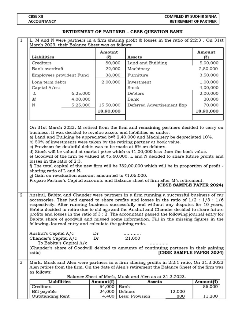 Retirement of Partners Cbse Question Bank | PDF | Book Value | Balance ...