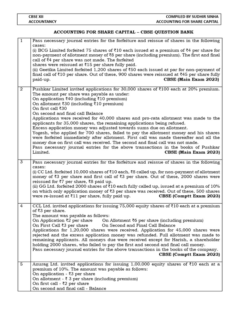 Issue of Shares Cbse Question Bank | PDF | Equity (Finance) | Balance Sheet