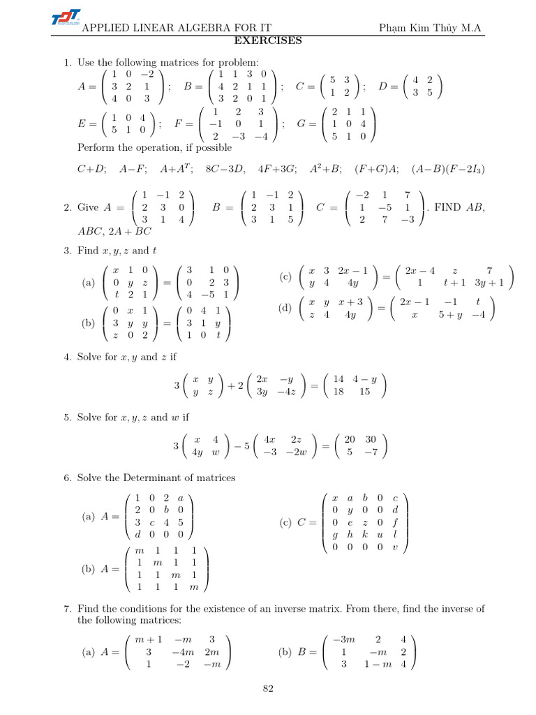 Linear Algebra Exercises for IT | PDF | Determinant | Basis (Linear Algebra)