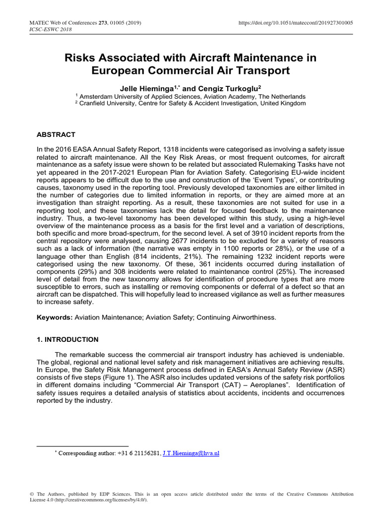 Risks Associated with Aircraft Maintenance in European Commercial Air ...