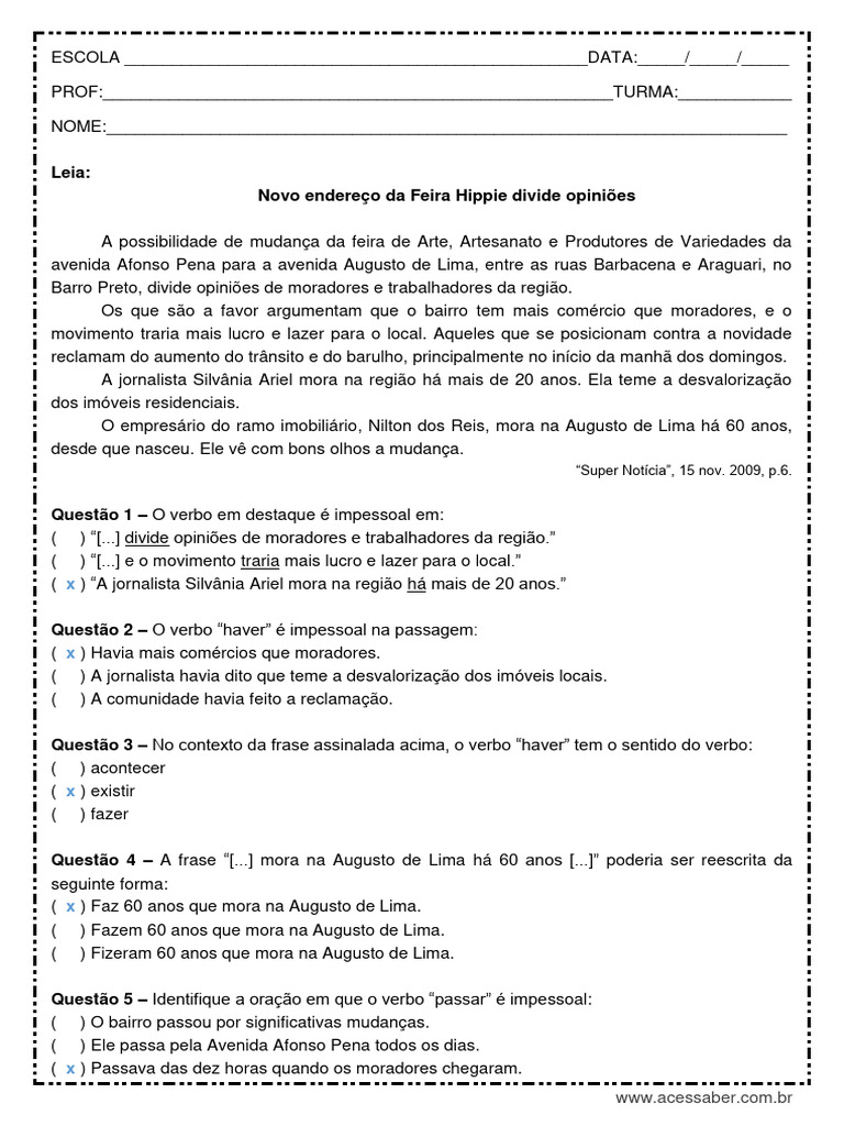 Atividade de Portugues Questoes Sobre Verbo Impessoal 8º Ano Respostas ...