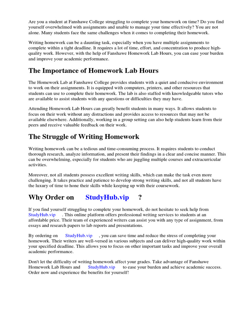 Fanshawe Homework Lab Hours | Download Free PDF | Homework | Expert
