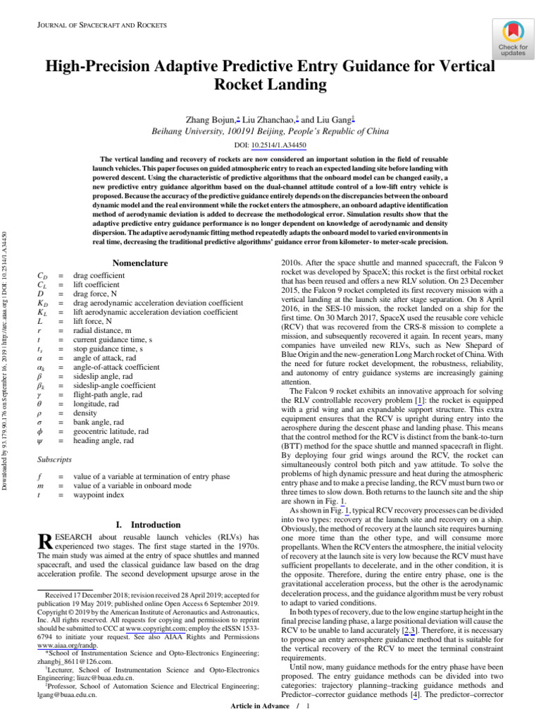 High-Precision Adaptive Predictive Entry Guidance For Vertical Rocket Landing | PDF | Launch ...