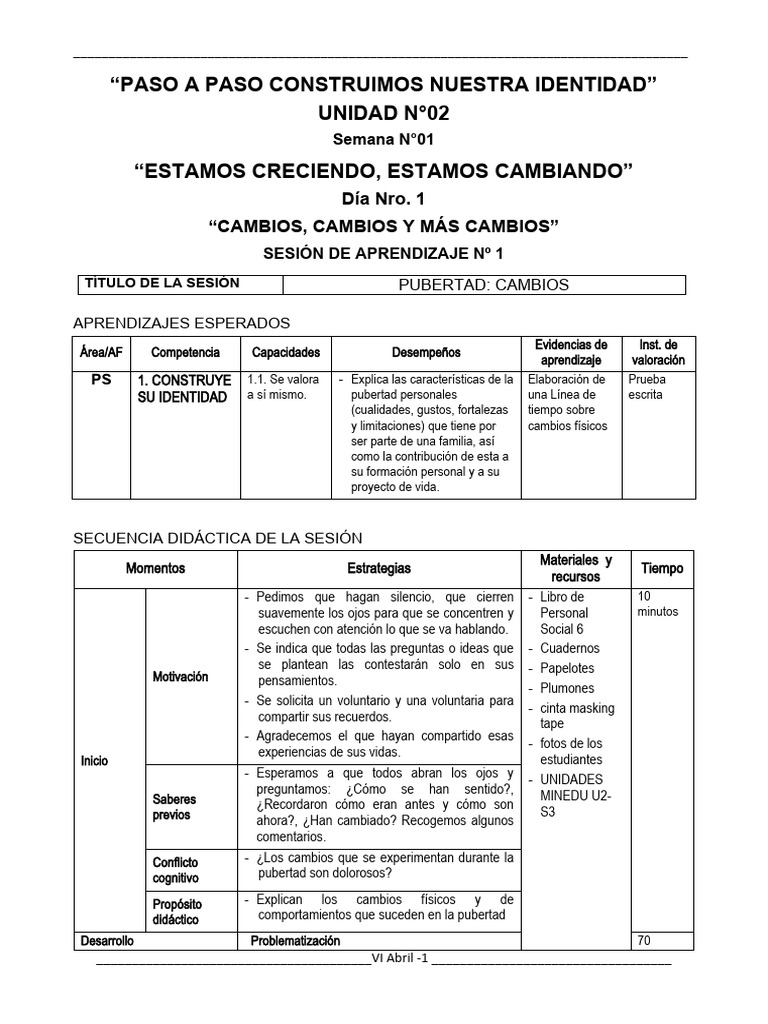 Sesiones de La Unidad - 6° | PDF | Aprendizaje | Enseñando
