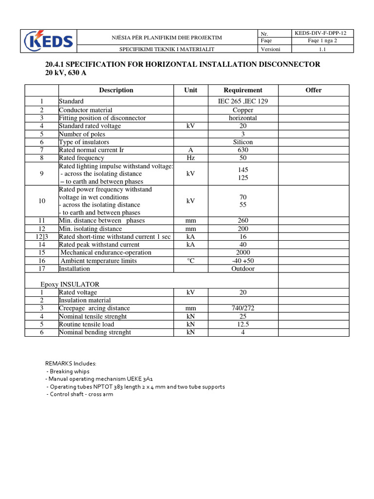 20.4.1-SPECIFICATION FOR HORIZONTAL INSTALLATION DISCONNECTOR 20 kV 630 ...
