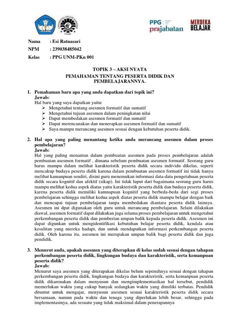 Topik 3 Aksi Nyata Pemahaman Peserta Didik Dan Pembelajarannya | PDF | Karier & Perkembangan ...