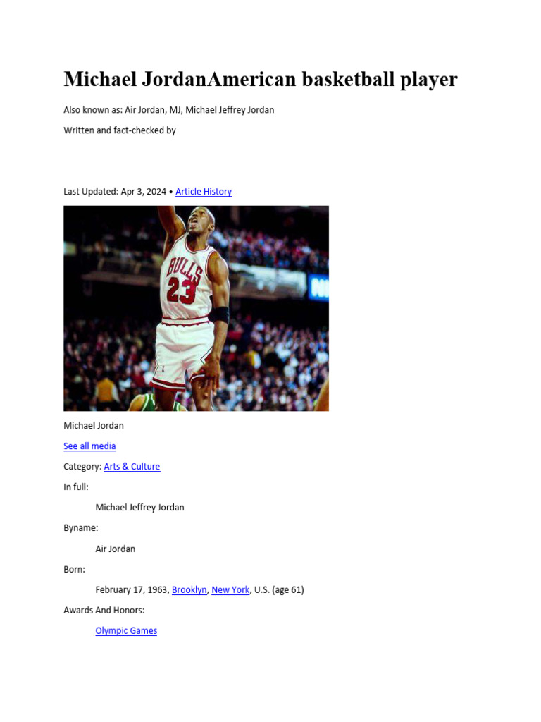 Michael Jordan: Basketball Legend Bio | PDF | Chicago Bulls | National ...